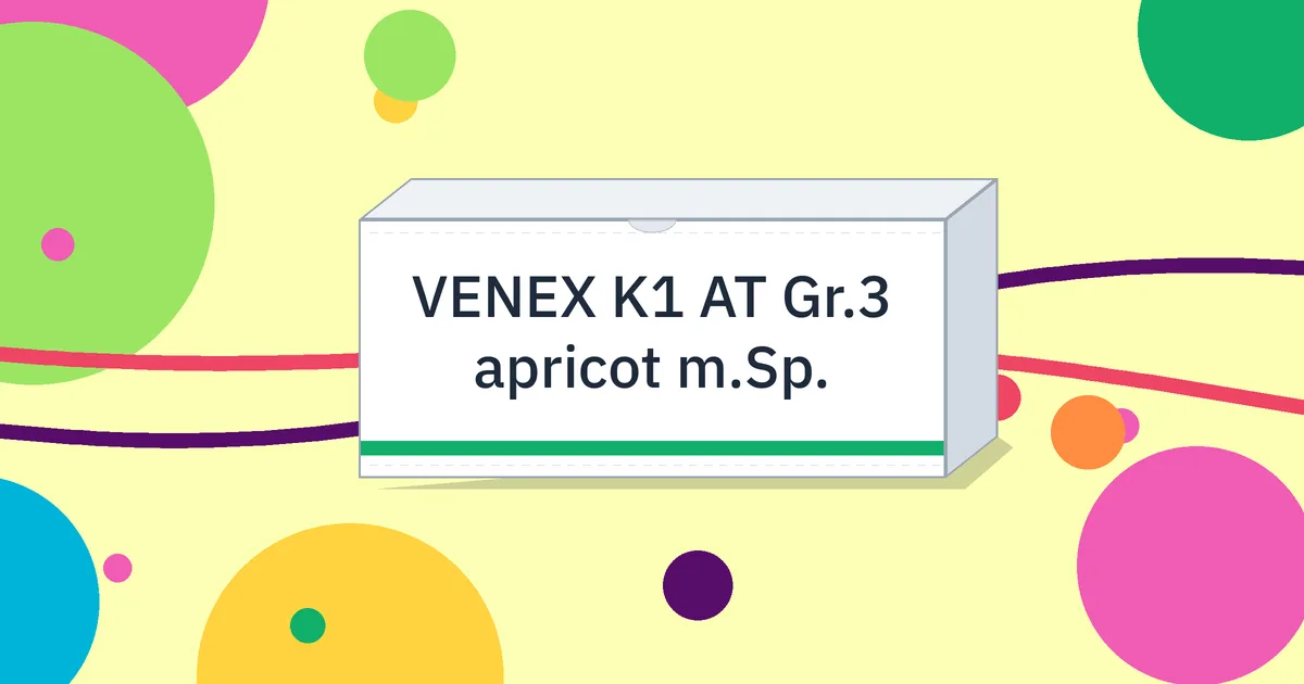 Symbolbild: Packung mit der Aufschrift VENEX K1 AT Gr.3 apricot m.Sp. (PZN 03196073) – Verfügbarkeit und Bezug in Apotheken in Frankfurt am Main