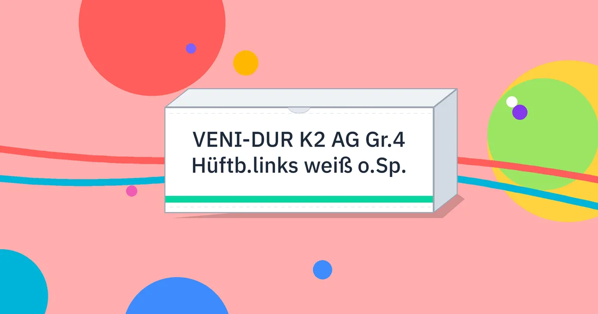 Symbolbild: Packung mit der Aufschrift VENI-DUR K2 AG Gr.4 Hüftb.links weiß o.Sp. (PZN 03254592) – Verfügbarkeit und Bezug in Apotheken in Frankfurt am Main