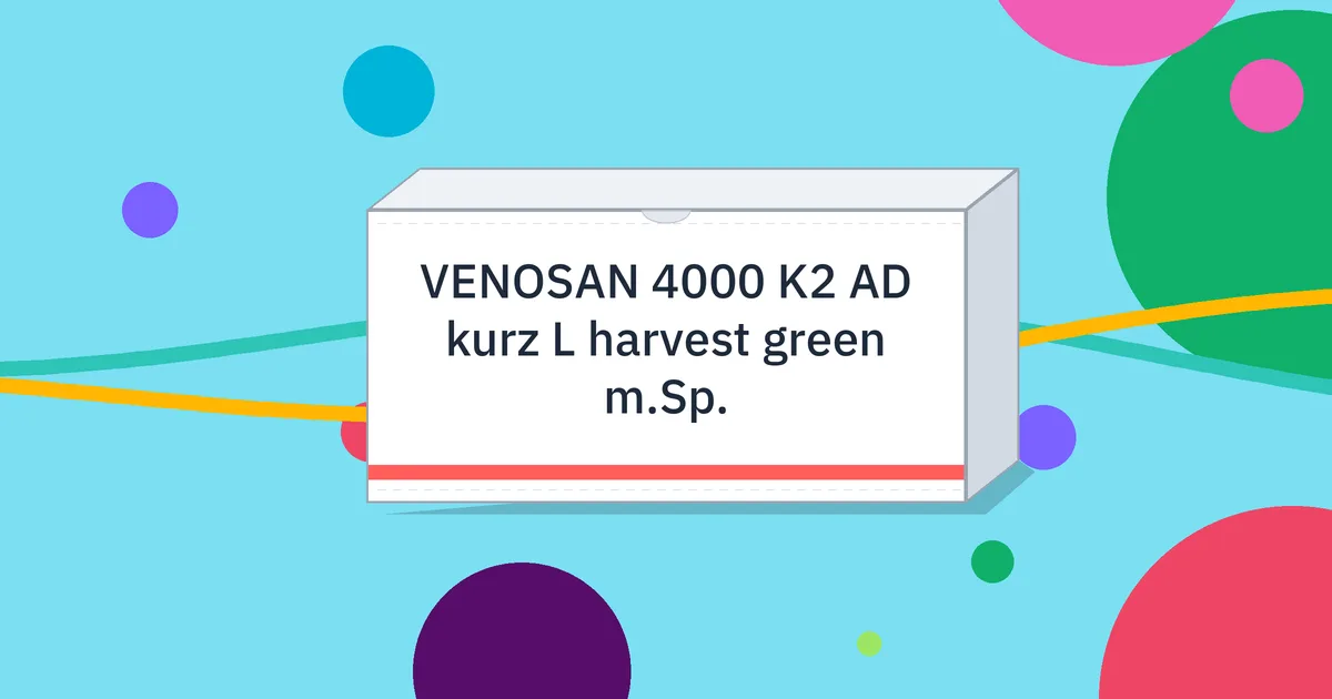 Symbolbild: Packung mit der Aufschrift VENOSAN 4000 K2 AD kurz L harvest green m.Sp. (PZN 18847501) – Verfügbarkeit und Bezug in Apotheken in Frankfurt am Main