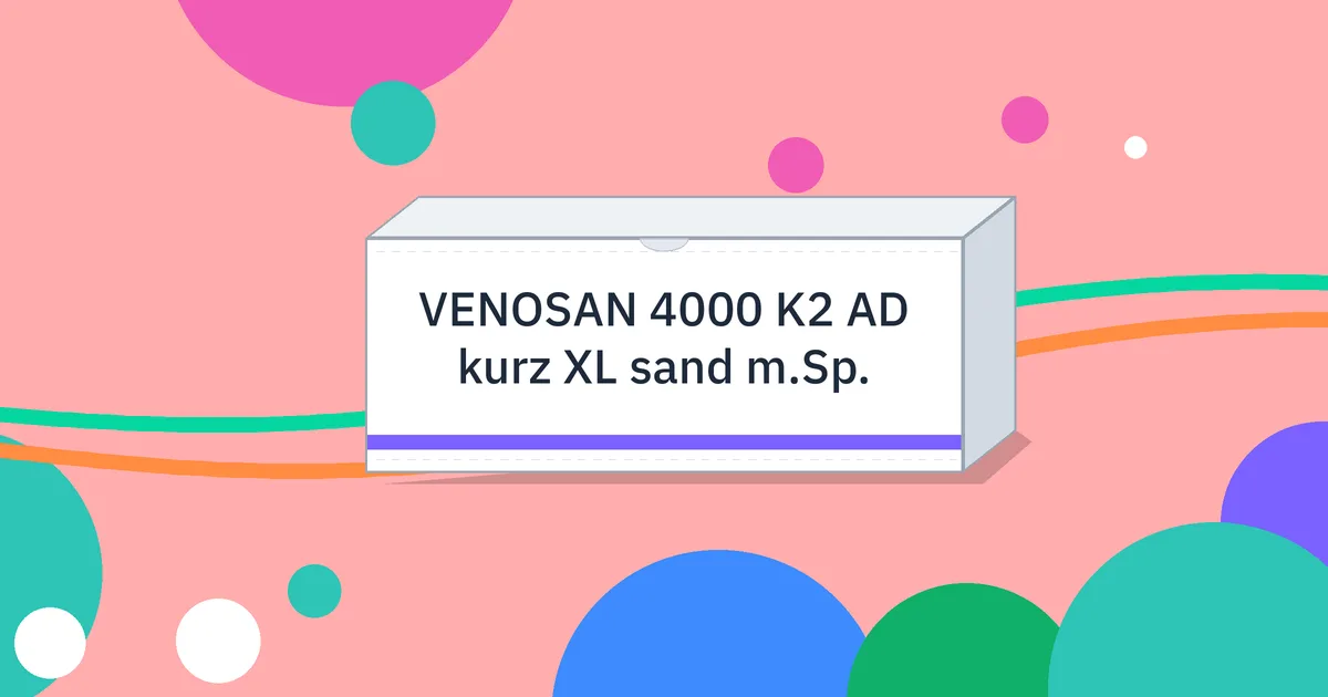 Symbolbild: Packung mit der Aufschrift VENOSAN 4000 K2 AD kurz XL sand m.Sp. (PZN 14422495) – Verfügbarkeit und Bezug in Apotheken in Frankfurt am Main
