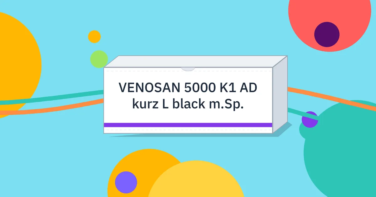 Symbolbild: Packung mit der Aufschrift VENOSAN 5000 K1 AD kurz L black m.Sp. (PZN 14432565) – Verfügbarkeit und Bezug in Apotheken in Frankfurt am Main