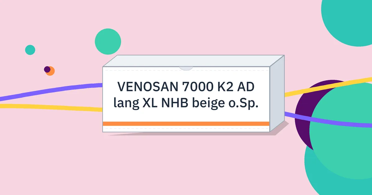 Symbolbild: Packung mit der Aufschrift VENOSAN 7000 K2 AD lang XL NHB beige o.Sp. (PZN 14434386) – Verfügbarkeit und Bezug in Apotheken in Frankfurt am Main
