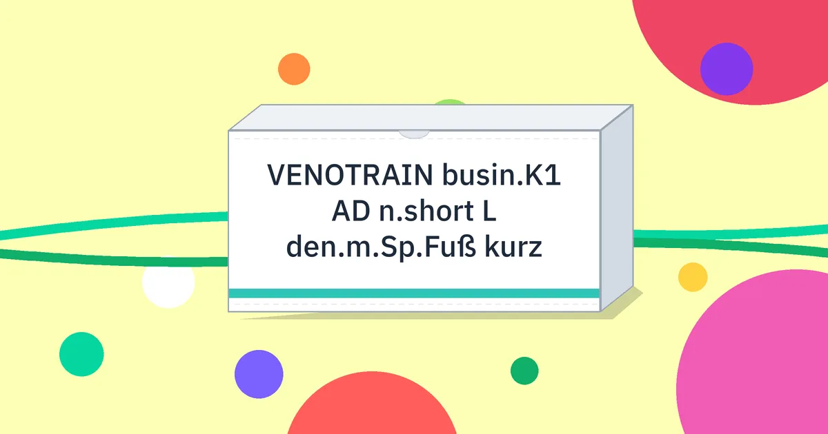 Symbolbild: Packung mit der Aufschrift VENOTRAIN busin.K1 AD n.short L den.m.Sp.Fuß kurz (PZN 19057356) – Verfügbarkeit und Bezug in Apotheken in Frankfurt am Main