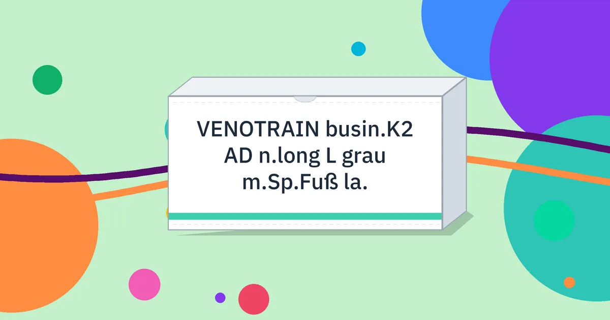 Symbolbild: Packung mit der Aufschrift VENOTRAIN busin.K2 AD n.long L grau m.Sp.Fuß la. (PZN 19056836) – Verfügbarkeit und Bezug in Apotheken in Frankfurt am Main