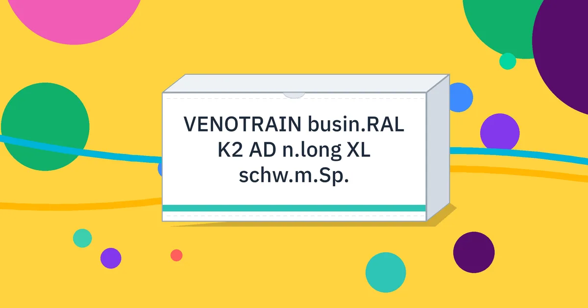 Symbolbild: Packung mit der Aufschrift VENOTRAIN busin.RAL K2 AD n.long XL schw.m.Sp. (PZN 06949573) – Verfügbarkeit und Bezug in Apotheken in Frankfurt am Main