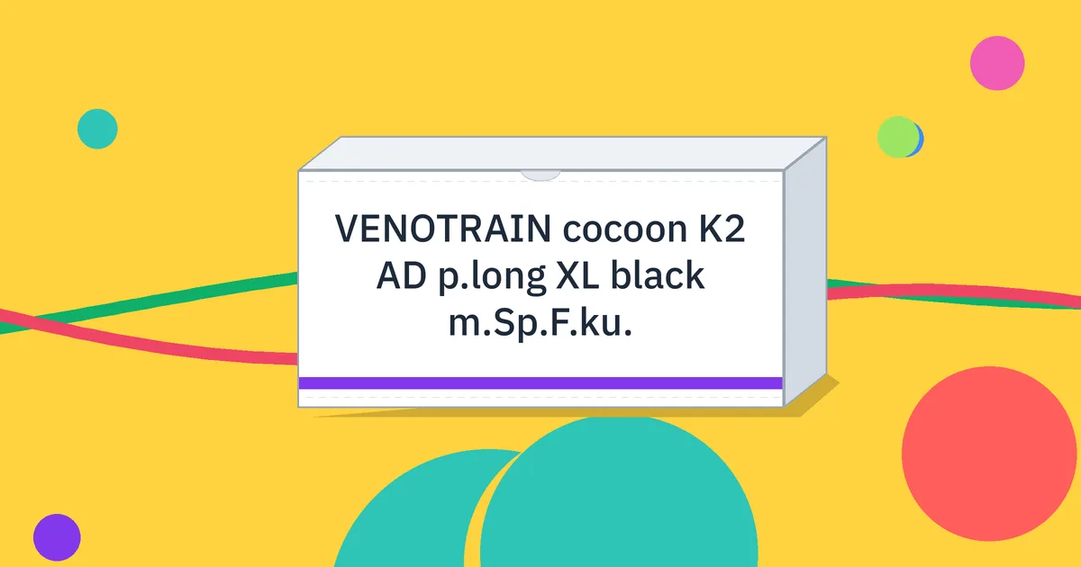 Symbolbild: Packung mit der Aufschrift VENOTRAIN cocoon K2 AD p.long XL black m.Sp.F.ku. (PZN 14401837) – Verfügbarkeit und Bezug in Apotheken in Frankfurt am Main