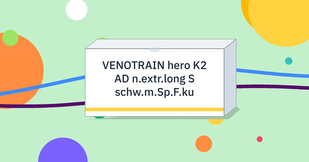 Symbolbild: Packung mit der Aufschrift VENOTRAIN hero K2 AD n.extr.long S schw.m.Sp.F.ku (PZN 19189655) – Verfügbarkeit und Bezug in Apotheken in Frankfurt am Main