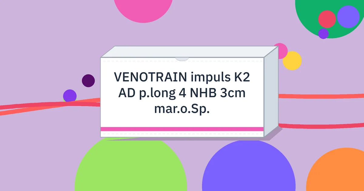 Symbolbild: Packung mit der Aufschrift VENOTRAIN impuls K2 AD p.long 4 NHB 3cm mar.o.Sp. (PZN 15223970) – Verfügbarkeit und Bezug in Apotheken in Frankfurt am Main