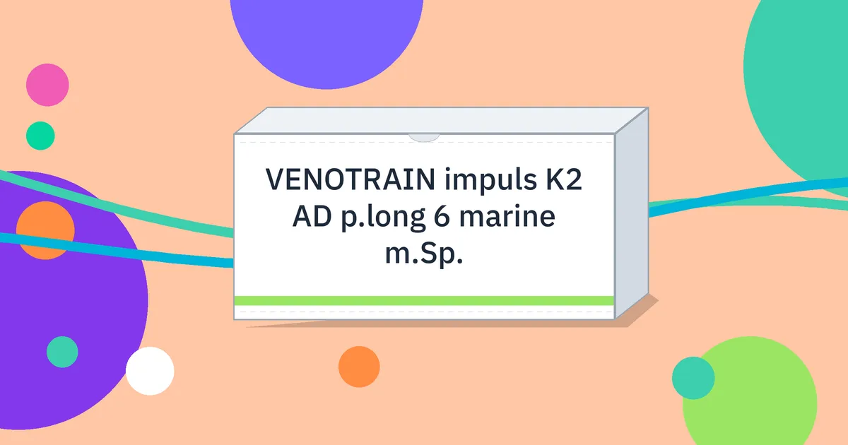 Symbolbild: Packung mit der Aufschrift VENOTRAIN impuls K2 AD p.long 6 marine m.Sp. (PZN 15221310) – Verfügbarkeit und Bezug in Apotheken in Frankfurt am Main