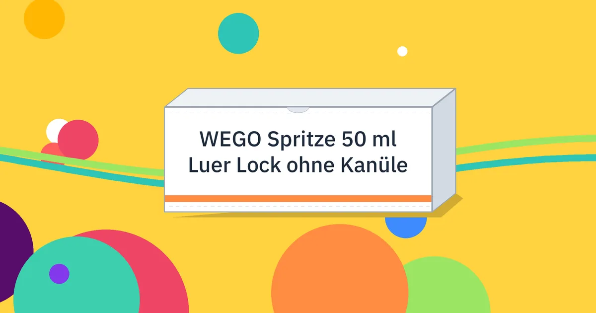 Symbolbild: Packung mit der Aufschrift WEGO Spritze 50 ml Luer Lock ohne Kanüle (PZN 18859220) – Verfügbarkeit und Bezug in Apotheken in Frankfurt am Main