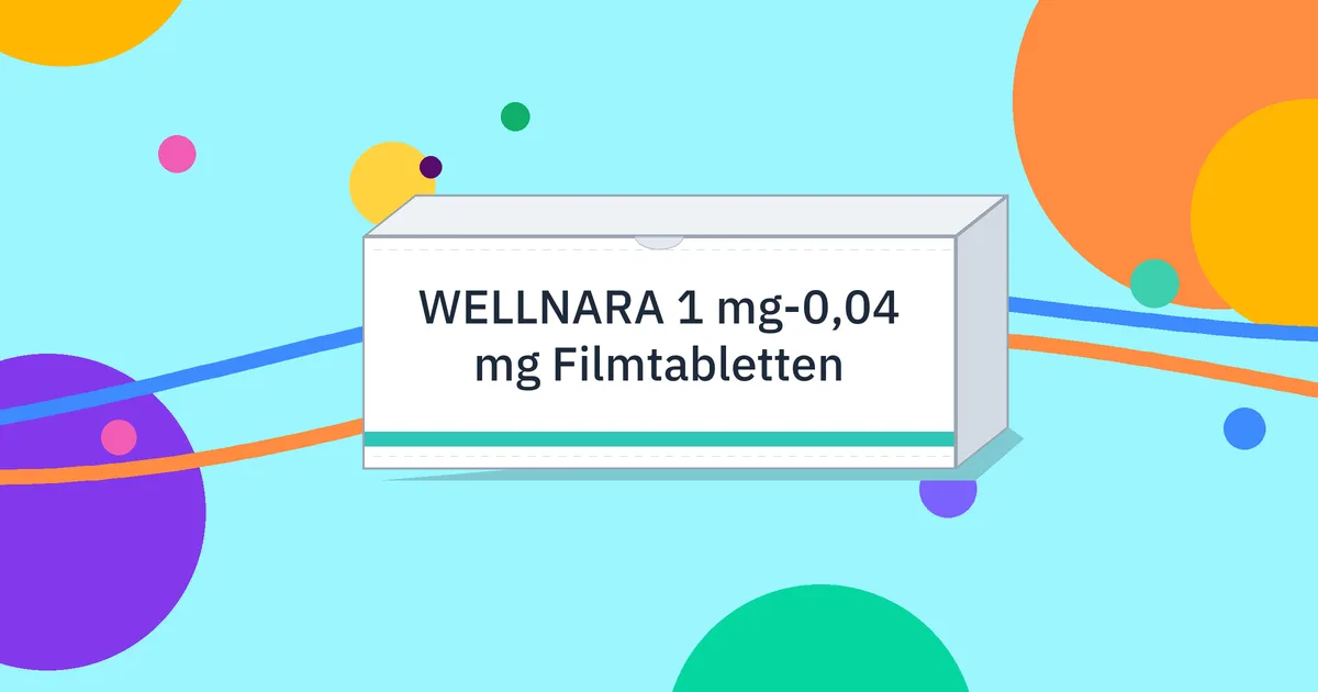 Symbolbild: Packung mit der Aufschrift WELLNARA 1 mg-0,04 mg Filmtabletten (PZN 04675516) – Verfügbarkeit und Bezug in Apotheken in Frankfurt am Main