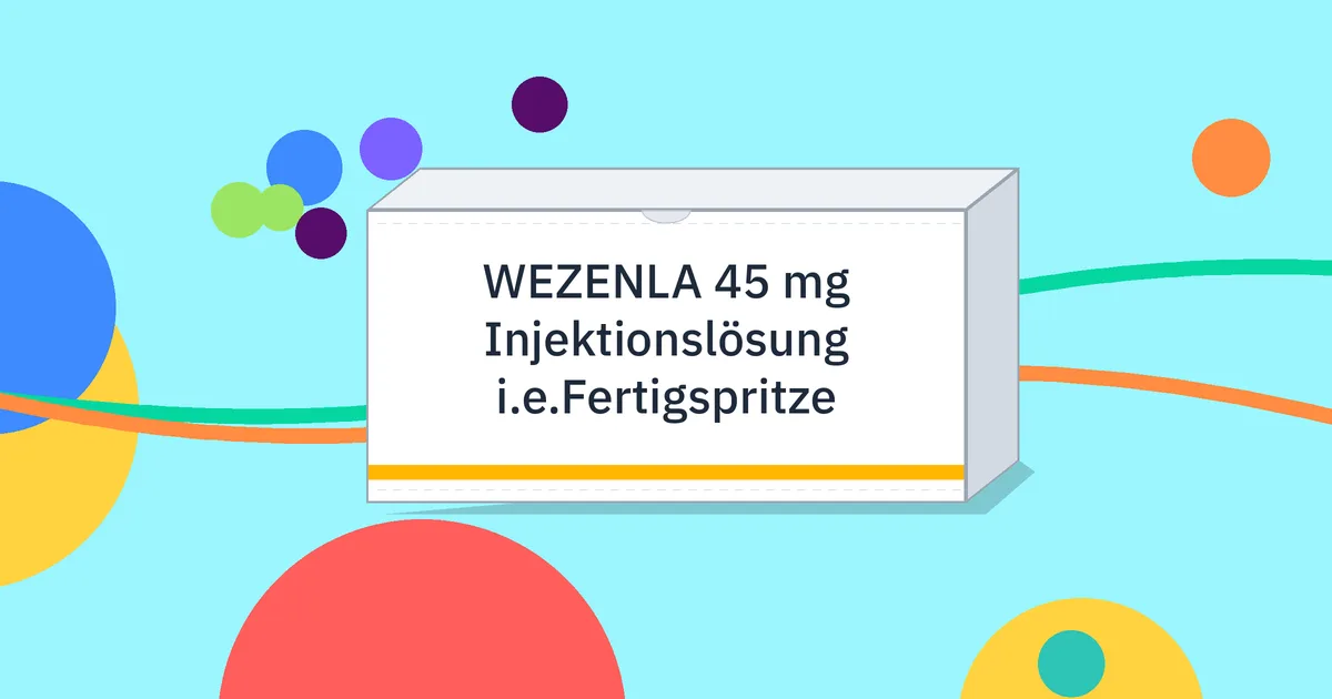 Symbolbild: Packung mit der Aufschrift WEZENLA 45 mg Injektionslösung i.e.Fertigspritze (PZN 20175167) – Verfügbarkeit und Bezug in Apotheken in Frankfurt am Main