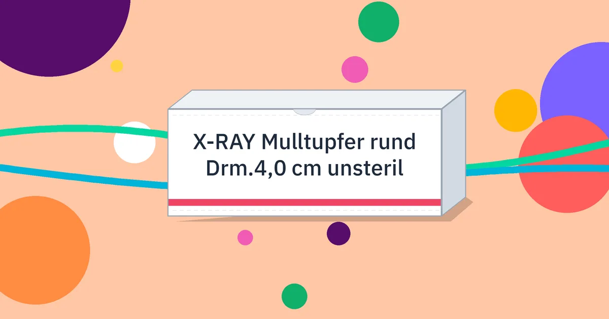 Symbolbild: Packung mit der Aufschrift X-RAY Mulltupfer rund Drm.4,0 cm unsteril (PZN 03895925) – Verfügbarkeit und Bezug in Apotheken in Frankfurt am Main