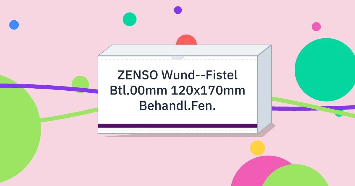 Symbolbild: Packung mit der Aufschrift ZENSO Wund--Fistel Btl.00mm 120x170mm Behandl.Fen. (PZN 20087150) – Verfügbarkeit und Bezug in Apotheken in Frankfurt am Main