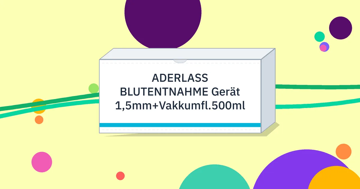 Symbolbild: Packung mit der Aufschrift ADERLASS BLUTENTNAHME Gerät 1,5mm+Vakkumfl.500ml (PZN 15739627) – Verfügbarkeit und Bezug in Apotheken in Frankfurt am Main