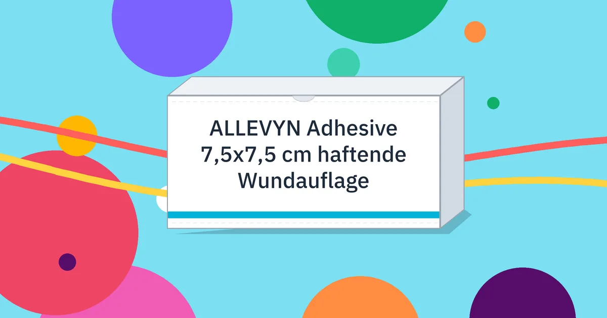 Symbolbild: Packung mit der Aufschrift ALLEVYN Adhesive 7,5x7,5 cm haftende Wundauflage (PZN 20643361) – Verfügbarkeit und Bezug in Apotheken in Frankfurt am Main