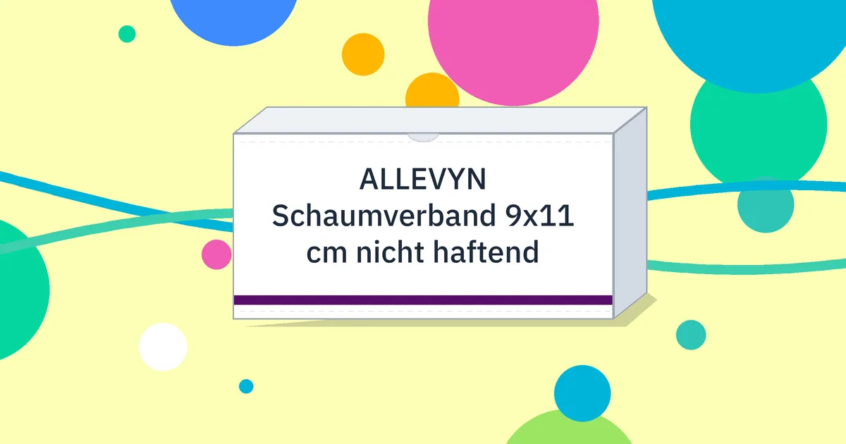 Symbolbild: Packung mit der Aufschrift ALLEVYN Schaumverband 9x11 cm nicht haftend (PZN 09686602) – Verfügbarkeit und Bezug in Apotheken in Frankfurt am Main