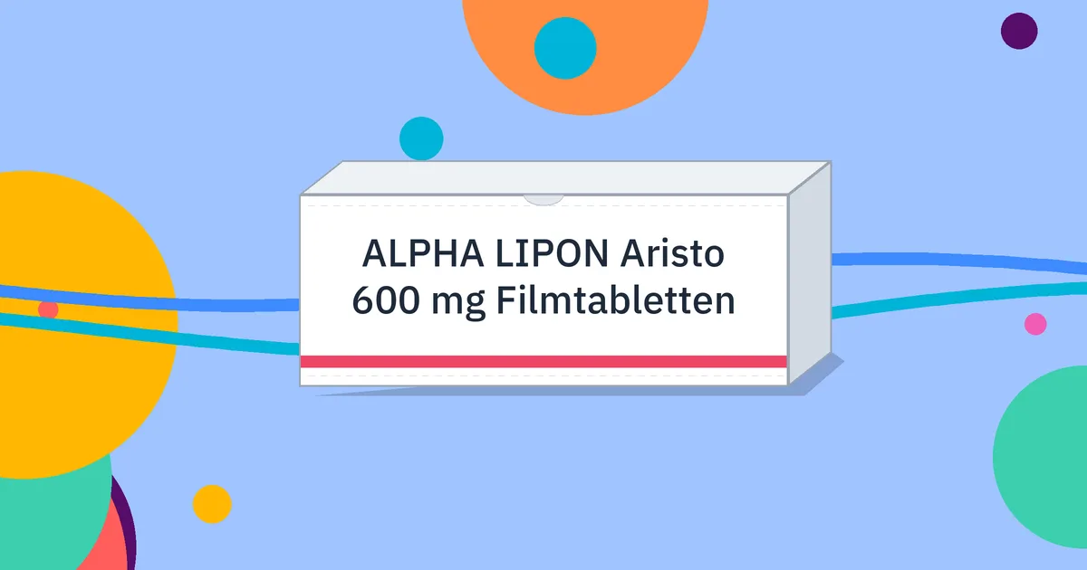 Symbolbild: Packung mit der Aufschrift ALPHA LIPON Aristo 600 mg Filmtabletten (PZN 06897706) – Verfügbarkeit und Bezug in Apotheken in Frankfurt am Main