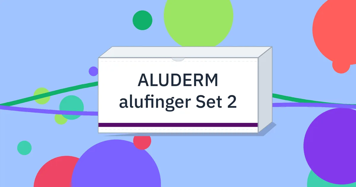 Symbolbild: Packung mit der Aufschrift ALUDERM alufinger Set 2 (PZN 11048317) – Verfügbarkeit und Bezug in Apotheken in Frankfurt am Main