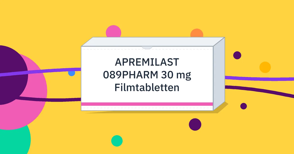 Symbolbild: Packung mit der Aufschrift APREMILAST 089PHARM 30 mg Filmtabletten (PZN 20223506) – Verfügbarkeit und Bezug in Apotheken in Frankfurt am Main