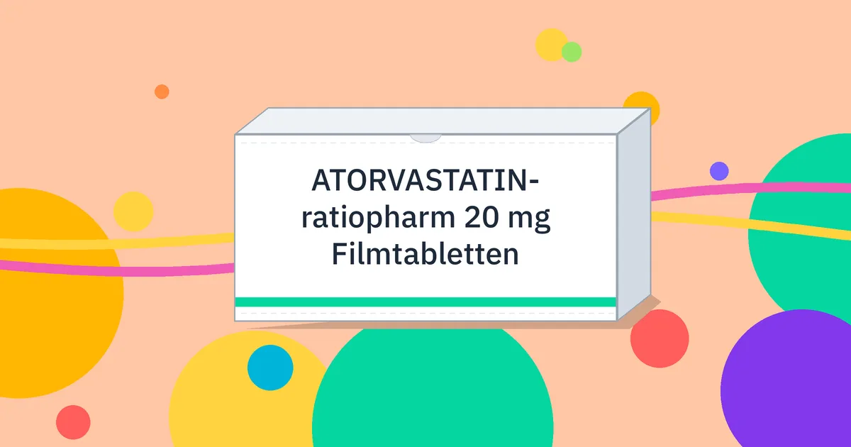 Symbolbild: Packung mit der Aufschrift ATORVASTATIN-ratiopharm 20 mg Filmtabletten (PZN 09292814) – Verfügbarkeit und Bezug in Apotheken in Frankfurt am Main
