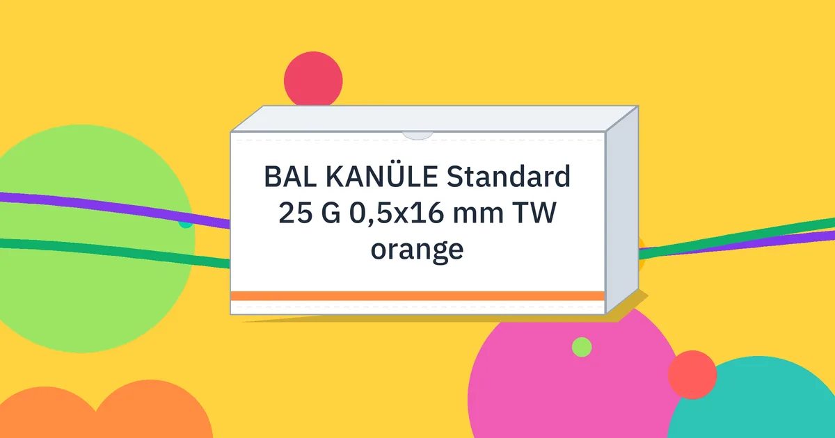 Symbolbild: Packung mit der Aufschrift BAL KANÜLE Standard 25 G 0,5x16 mm TW orange (PZN 19124259) – Verfügbarkeit und Bezug in Apotheken in Frankfurt am Main