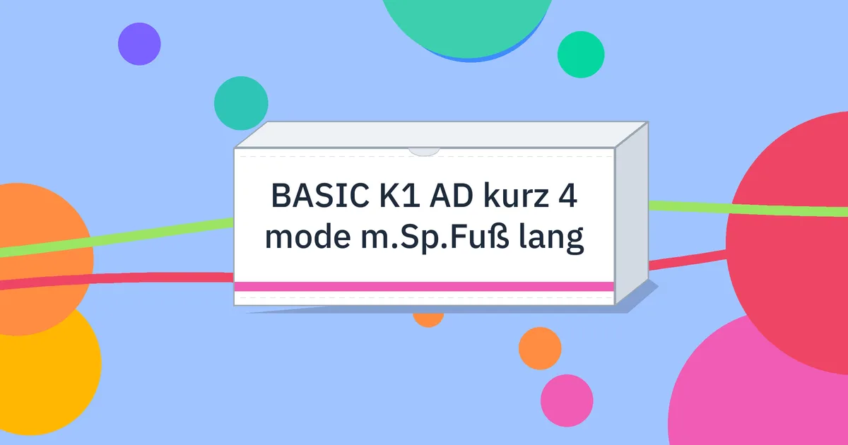 Symbolbild: Packung mit der Aufschrift BASIC K1 AD kurz 4 mode m.Sp.Fuß lang (PZN 20258516) – Verfügbarkeit und Bezug in Apotheken in Frankfurt am Main