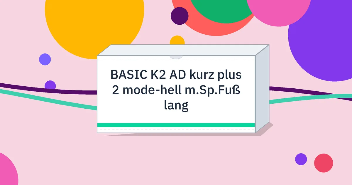 Symbolbild: Packung mit der Aufschrift BASIC K2 AD kurz plus 2 mode-hell m.Sp.Fuß lang (PZN 20264089) – Verfügbarkeit und Bezug in Apotheken in Frankfurt am Main