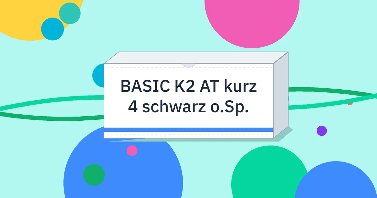 Symbolbild: Packung mit der Aufschrift BASIC K2 AT kurz 4 schwarz o.Sp. (PZN 20269342) – Verfügbarkeit und Bezug in Apotheken in Frankfurt am Main
