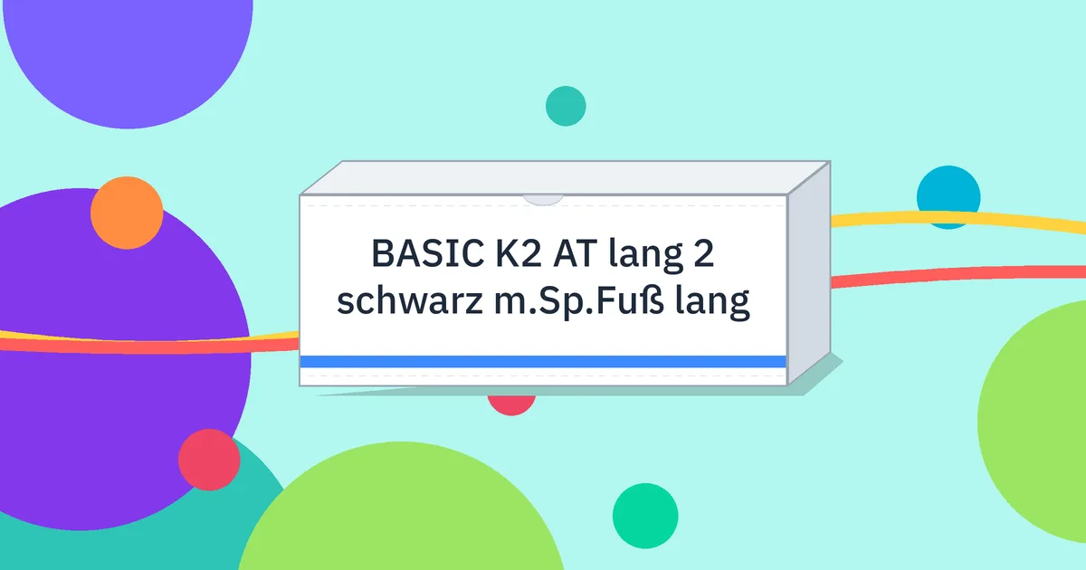 Symbolbild: Packung mit der Aufschrift BASIC K2 AT lang 2 schwarz m.Sp.Fuß lang (PZN 20268897) – Verfügbarkeit und Bezug in Apotheken in Frankfurt am Main