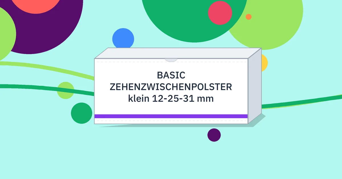 Symbolbild: Packung mit der Aufschrift BASIC ZEHENZWISCHENPOLSTER klein 12-25-31 mm (PZN 15380698) – Verfügbarkeit und Bezug in Apotheken in Frankfurt am Main