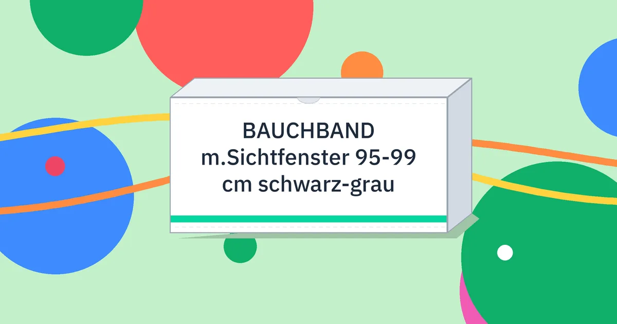 Symbolbild: Packung mit der Aufschrift BAUCHBAND m.Sichtfenster 95-99 cm schwarz-grau (PZN 17837920) – Verfügbarkeit und Bezug in Apotheken in Frankfurt am Main