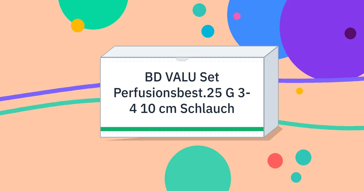 Symbolbild: Packung mit der Aufschrift BD VALU Set Perfusionsbest.25 G 3-4 10 cm Schlauch (PZN 07657571) – Verfügbarkeit und Bezug in Apotheken in Frankfurt am Main