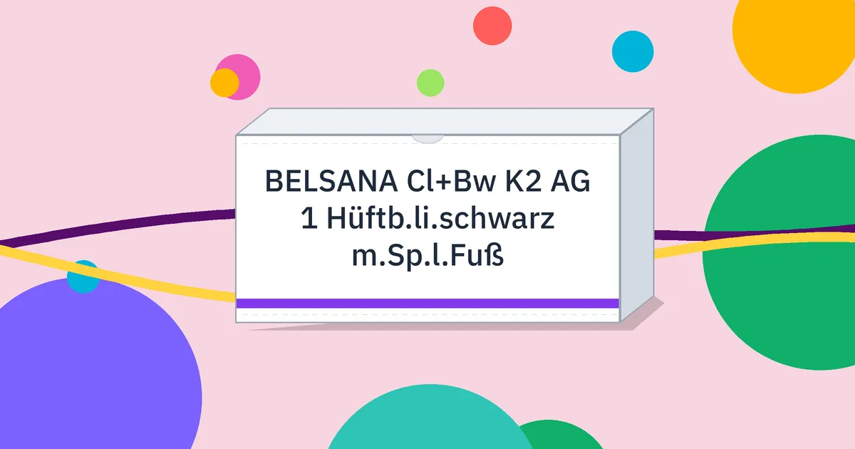 Symbolbild: Packung mit der Aufschrift BELSANA Cl+Bw K2 AG 1 Hüftb.li.schwarz m.Sp.l.Fuß (PZN 12253829) – Verfügbarkeit und Bezug in Apotheken in Frankfurt am Main