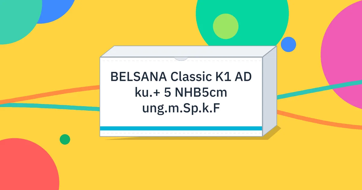 Symbolbild: Packung mit der Aufschrift BELSANA Classic K1 AD ku.+ 5 NHB5cm ung.m.Sp.k.F (PZN 19256966) – Verfügbarkeit und Bezug in Apotheken in Frankfurt am Main