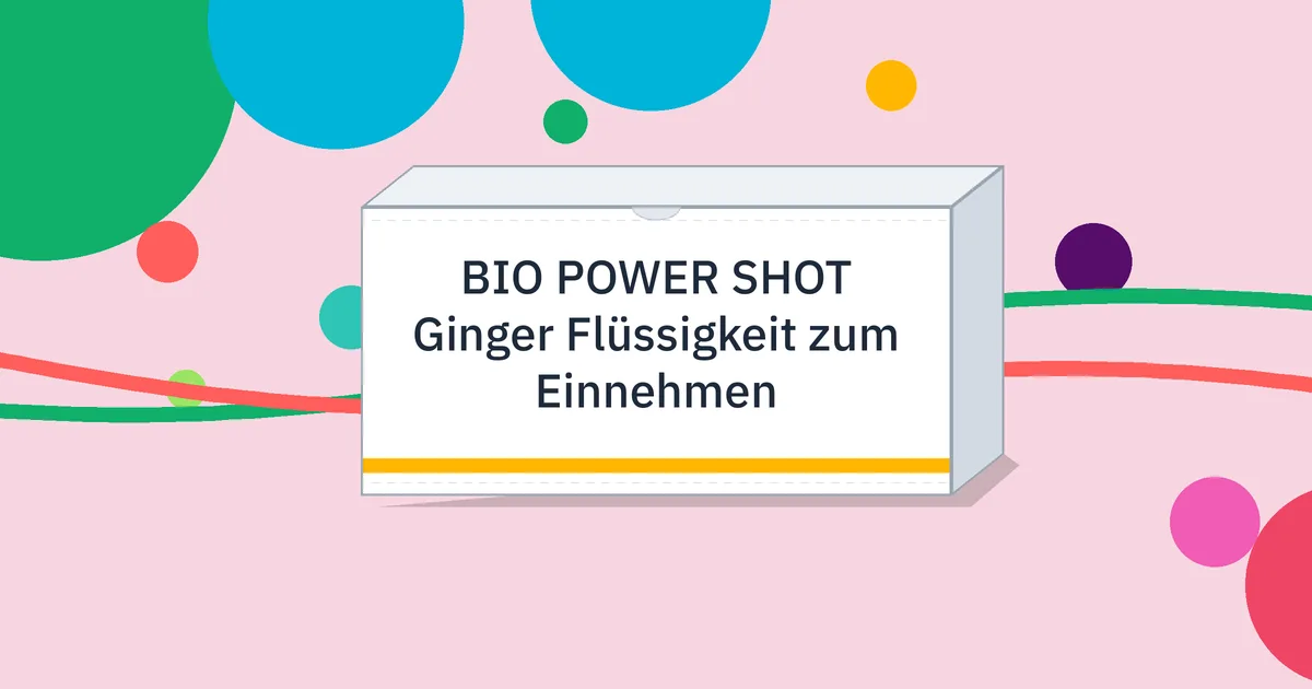 Symbolbild: Packung mit der Aufschrift BIO POWER SHOT Ginger Flüssigkeit zum Einnehmen (PZN 18713315) – Verfügbarkeit und Bezug in Apotheken in Frankfurt am Main