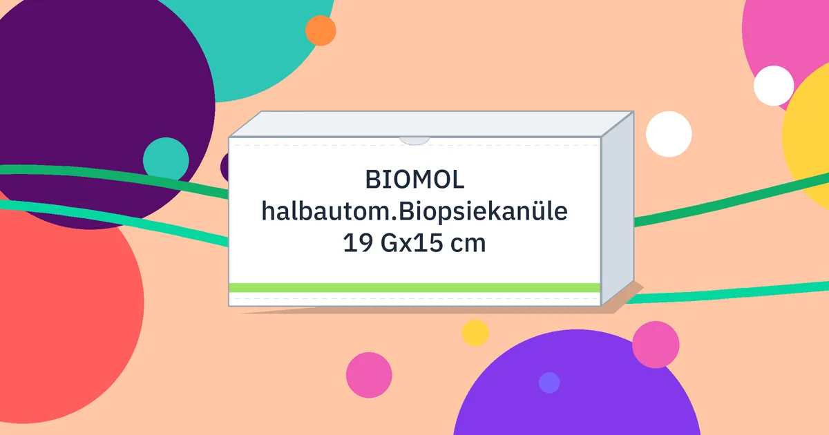 Symbolbild: Packung mit der Aufschrift BIOMOL halbautom.Biopsiekanüle 19 Gx15 cm (PZN 06123809) – Verfügbarkeit und Bezug in Apotheken in Frankfurt am Main