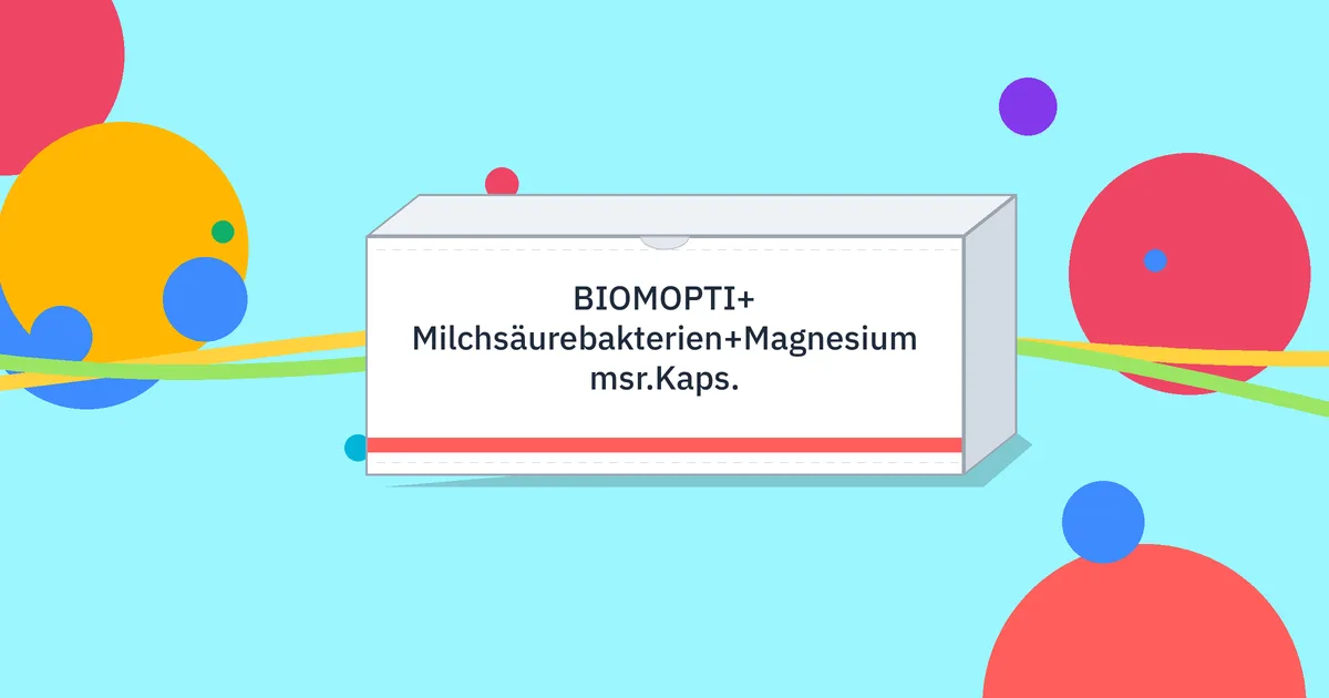 Symbolbild: Packung mit der Aufschrift BIOMOPTI+ Milchsäurebakterien+Magnesium msr.Kaps. (PZN 19140436) – Verfügbarkeit und Bezug in Apotheken in Frankfurt am Main