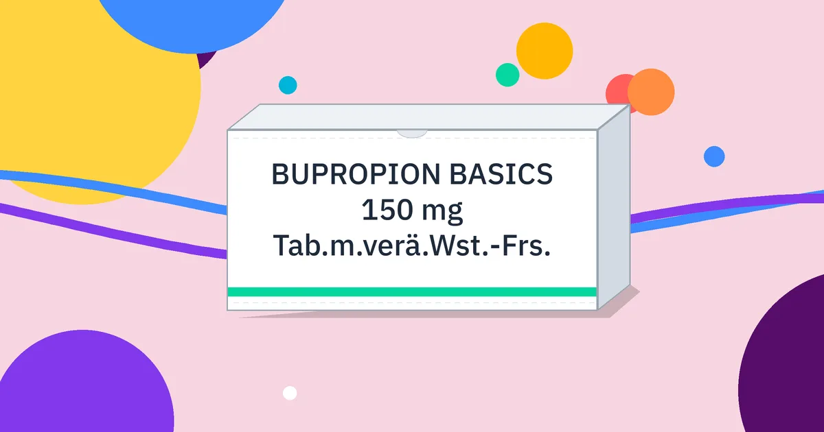 Symbolbild: Packung mit der Aufschrift BUPROPION BASICS 150 mg Tab.m.verä.Wst.-Frs. (PZN 19739794) – Verfügbarkeit und Bezug in Apotheken in Frankfurt am Main