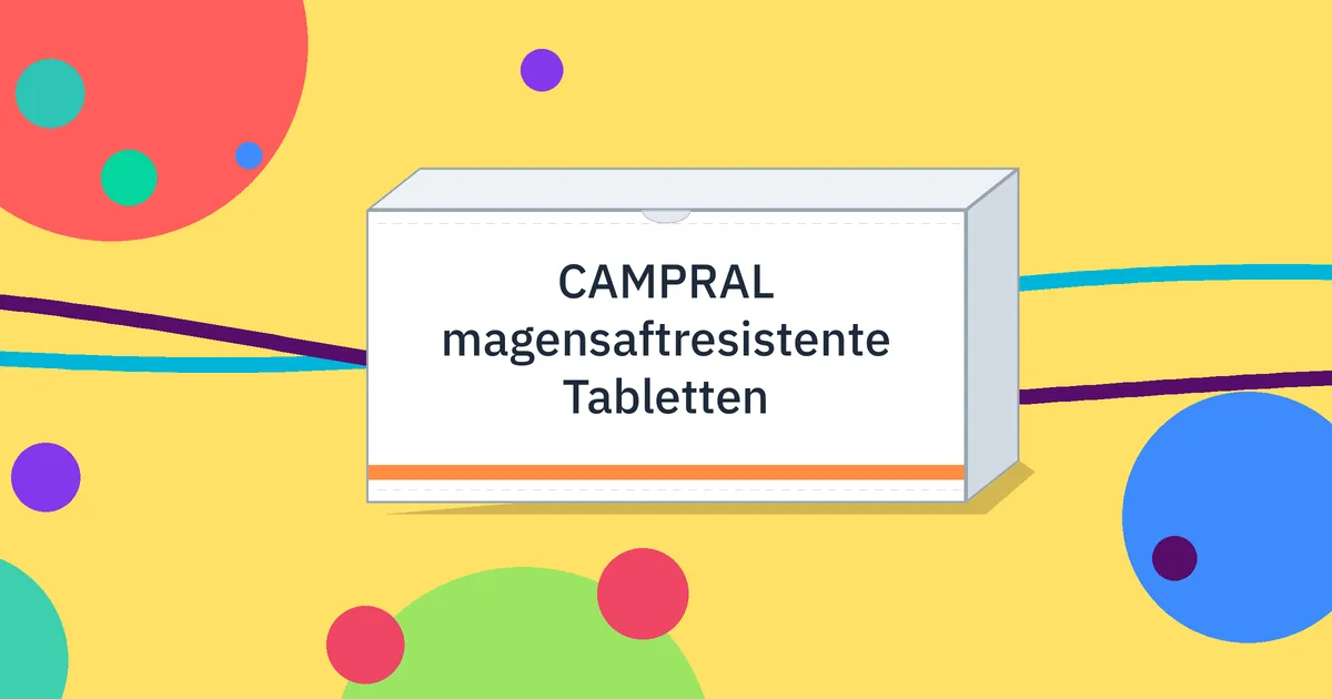Symbolbild: Packung mit der Aufschrift CAMPRAL magensaftresistente Tabletten (PZN 12615190) – Verfügbarkeit und Bezug in Apotheken in Frankfurt am Main