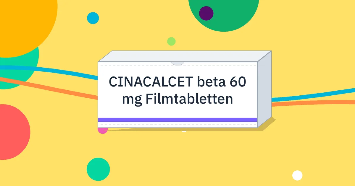 Symbolbild: Packung mit der Aufschrift CINACALCET beta 60 mg Filmtabletten (PZN 15781397) – Verfügbarkeit und Bezug in Apotheken in Frankfurt am Main