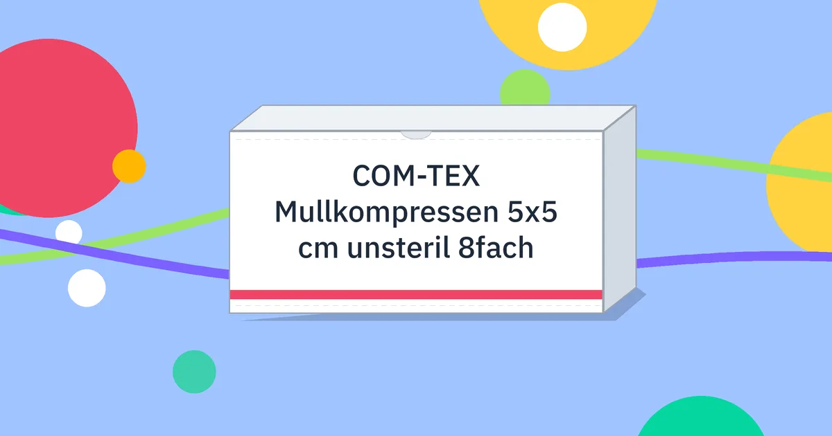 Symbolbild: Packung mit der Aufschrift COM-TEX Mullkompressen 5x5 cm unsteril 8fach (PZN 00025307) – Verfügbarkeit und Bezug in Apotheken in Frankfurt am Main
