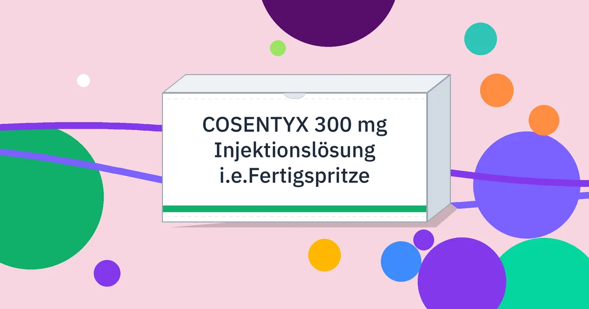 Symbolbild: Packung mit der Aufschrift COSENTYX 300 mg Injektionslösung i.e.Fertigspritze (PZN 17623768) – Verfügbarkeit und Bezug in Apotheken in Frankfurt am Main