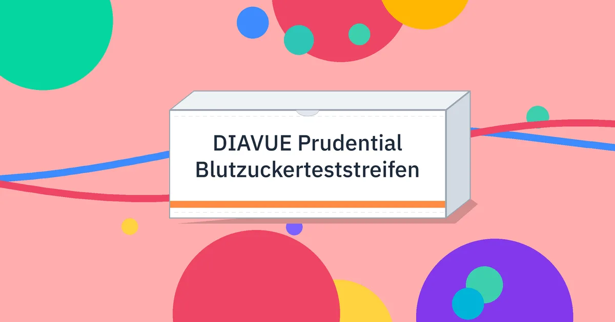 Symbolbild: Packung mit der Aufschrift DIAVUE Prudential Blutzuckerteststreifen (PZN 11872080) – Verfügbarkeit und Bezug in Apotheken in Frankfurt am Main