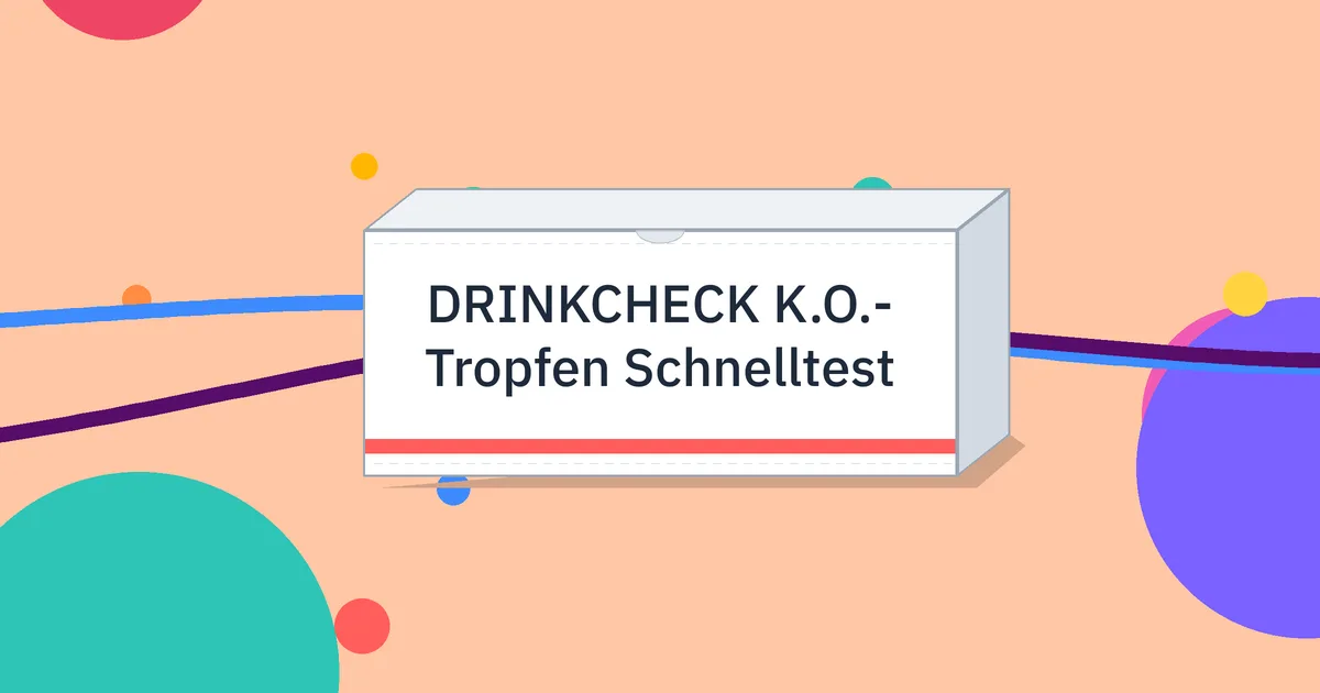 Symbolbild: Packung mit der Aufschrift DRINKCHECK K.O.-Tropfen Schnelltest (PZN 20054506) – Verfügbarkeit und Bezug in Apotheken in Frankfurt am Main