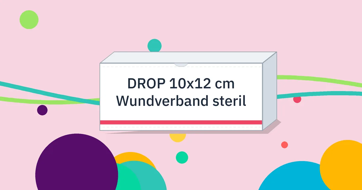 Symbolbild: Packung mit der Aufschrift DROP 10x12 cm Wundverband steril (PZN 20111701) – Verfügbarkeit und Bezug in Apotheken in Frankfurt am Main