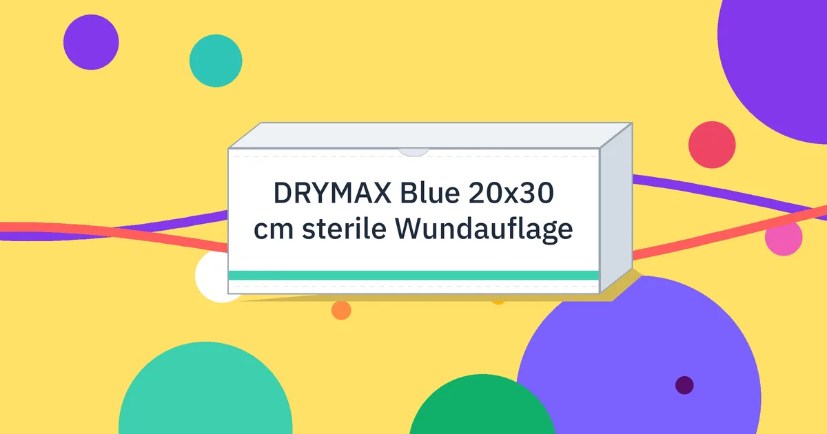 Symbolbild: Packung mit der Aufschrift DRYMAX Blue 20x30 cm sterile Wundauflage (PZN 18683063) – Verfügbarkeit und Bezug in Apotheken in Frankfurt am Main