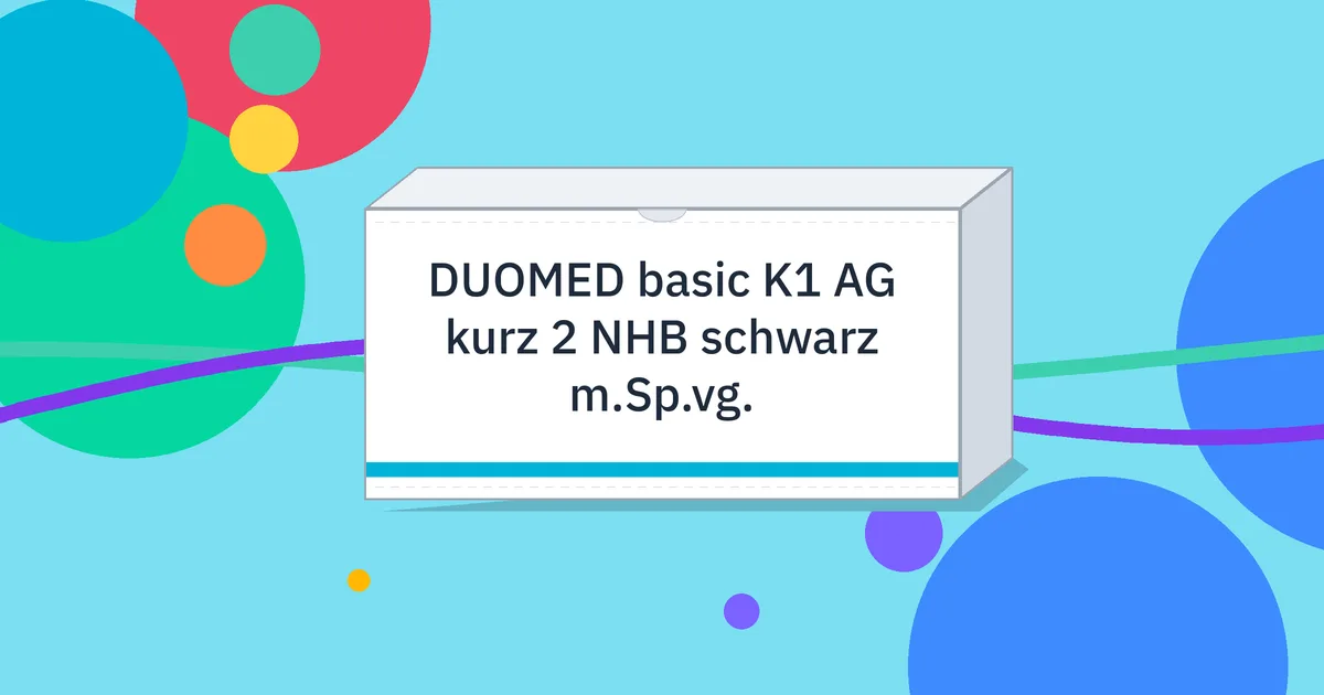 Symbolbild: Packung mit der Aufschrift DUOMED basic K1 AG kurz 2 NHB schwarz m.Sp.vg. (PZN 20904815) – Verfügbarkeit und Bezug in Apotheken in Frankfurt am Main
