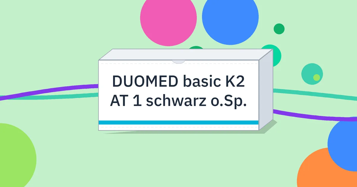 Symbolbild: Packung mit der Aufschrift DUOMED basic K2 AT 1 schwarz o.Sp. (PZN 20906062) – Verfügbarkeit und Bezug in Apotheken in Frankfurt am Main