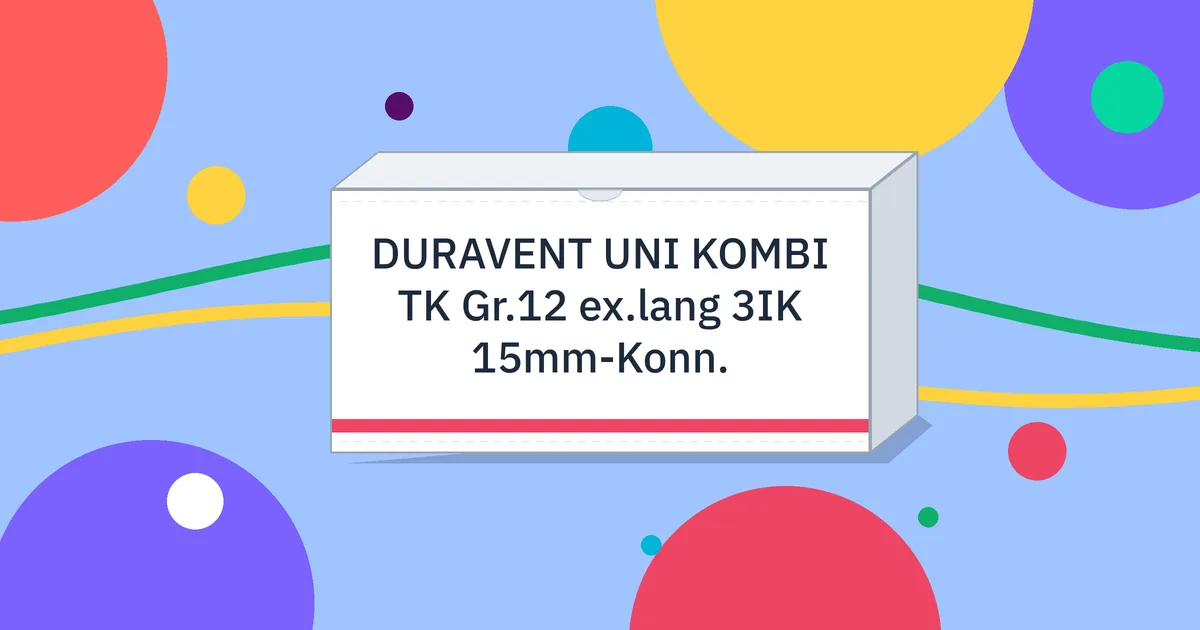 Symbolbild: Packung mit der Aufschrift DURAVENT UNI KOMBI TK Gr.12 ex.lang 3IK 15mm-Konn. (PZN 06991687) – Verfügbarkeit und Bezug in Apotheken in Frankfurt am Main